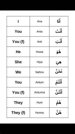 Suparapp on Instagram: "These are the core Arabic pronouns you need to start forming real sentences. 🚀📘 If you know these, you can already say: • I understand • You learn • We study • They speak Arabic is not chaos. It’s a system — once you see the pattern, everything clicks 🔑 This is the language of: 📖 the Qur’an 🧠 deep meaning 🌍 millions of daily speakers Learn it step by step. Learn it properly. Learn it without stress. Save this post, come back to it, and follow for daily Arabic that a