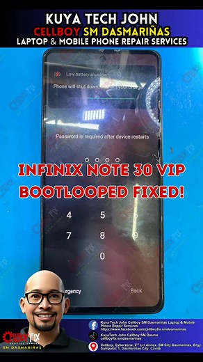 INFINIX NOTE 30 VIP BOOTLOOPED FIXED! #Cellboy #CellboyFix #cellboysmdasmarinas #SMDasma #smdasmarinas #smdasmacavite #android #androidrepair #infinix #infinixnote30vip #BootLoopFix #bootlooped #HardwareRepair #CellphoneRepair #mobilephonerepair #kuyatech #Cpureballing #CPUreworks Need a fix? Bring it here! Kuya Tech John got you! - Quality and affordable service ❤️ - Trustworthy ❤️ - More than 2 decades of experience! ❤️ Visit us at Cellboy, Cyberzone, 2nd Floor, SM Dasmariñas (SM Pala-pala). S