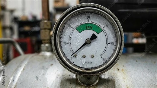 maintenance technical machinery optimization concept. Pressure gauge showing safe levels on industrial equipment.
