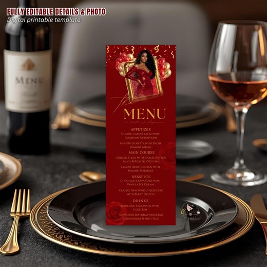 Red Gold Birthday Dinner Menu Card, Elegant Retirement Party Menu With Photo, Rose Prom Menu, Graduation Menu Template, Printable Food Menu - Etsy Canada
