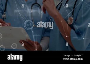 Colleagues tapping and swiping tablet after finger hover animating 3D network overlay during review. Technology, healthcare, innovation, digital, collaboration, analysis, modern Stock Video Footage - Alamy