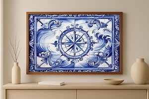 Compass Rose Wall Mural • Nautical Ceramic Tile Panel • Maritime Decor With Swirling Blue Waves • Classic Sea Navigation Wall Art - Etsy