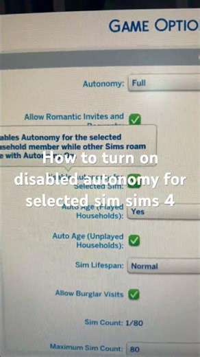 How to turn on disabled autonomy for selected sim sims 4