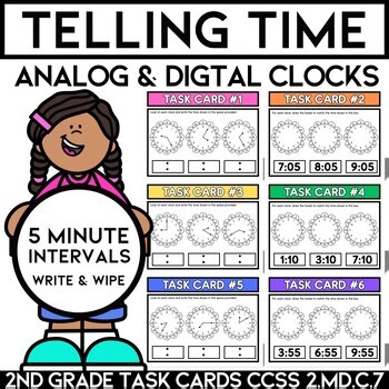 Telling Time Task Cards | 5-Minute Intervals | 2nd Grade Write & Wipe Activity
