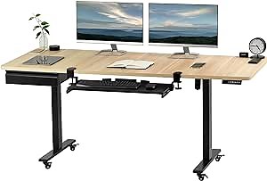 VIVO Electric Height Adjustable 71 x 30 inch Stand Up Mobile Desk, Pull-Out Storage Drawer, Keyboard Tray, Casters, Light Wood Table Top, Black Frame, Memory Controller, DESK-KIT-1B7C-A1