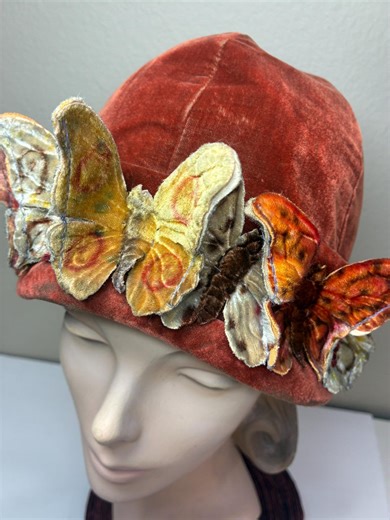 1920 ANTIQUE CLOCHE Ladies Hat - Rust Burnt Orange Velvet With Applied Embossed Velvet Butterflies Hand Painted - Etsy Canada