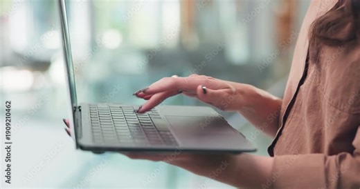 Woman, hands and research in office with laptop, planning and SEO trend for email marketing campaign. Person, computer and browse in workplace for newsletter advertising, online and digital branding.