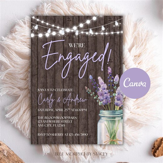 Rustic Engagement Party Invitation | Barn String Lights and Lavender | Editable Canva Template - Etsy