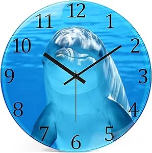 VIKMARI Glass Dolphin Wall Clock Modern Home Decorative Blue Ocean Beautiful Sea Kitchen Decor 12 Inches Battery Operated Small Silent Non-Ticking Quartz Analog Clock for Office,Bedroom,Living Room