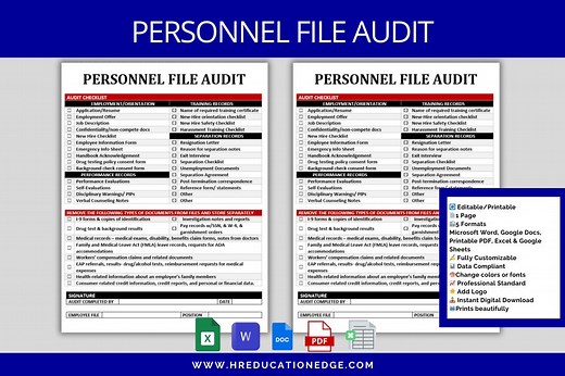 Personnel File Audit Checklist: HR Compliance Template (word, Excel, Google Docs & Sheets, PDF) - Etsy