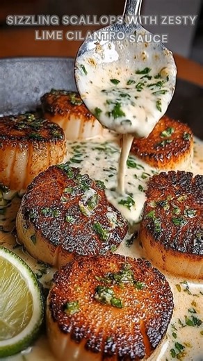 Scallops seared hot. Finish with lime, garlic, cilantro. Cook 2 min per side until sizzling, juicy, golden. Ingredients ➤ 1 lb sea scallops (dry-packed) ➤ 2 tbsp olive oil ➤ 1 tbsp butter ➤ 2 garlic cloves, minced ➤ 2 tbsp fresh lime juice FULLL Recipe in First Cօʍʍеոτ 👇👇🗯 | Nessy Recipes
