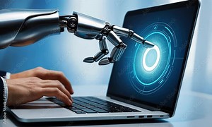 Robot hand and human hand using laptop. Human with artificial intelligence via laptop. Artificial intelligence, concept of future