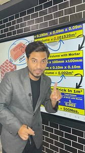 ✅Quantity Calculation of Bricks for 1m³ of Brickwork 📌Mortar Ratio = 1 : 6 Mortar Thickness = 10mm Density of Cement = 1440 kg/m³ 📌Size of Brick = 190mm x 90mm x 90mm = 0.190m x 0.09m x 0.09m Volume = 0.001539m³ 📌One Brick Volume with Mortar = 200mm x 100mm x100mm = 0.20m x 0.10m x 0.10m Volume = 0.002m³ 📌How Many Brick In 1m³ No. of Brick = (Total Volume / Vol of Brick with Mortar No. of Brick = (1 / 0.002) No. of Brick = 500Nos. 📌500 Brick Volume = 0.190 x 0.09 x 0.09 x 500 Volume = 0.769