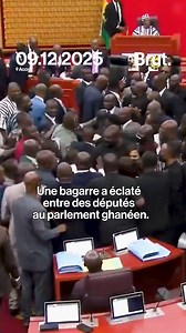 🇬🇭 Des incidents ont éclaté au Parlement ghanéen lors d’échanges tendus autour de la déclaration de vacance du siège du député de Kpandai, un district du nord du Ghana. Une décision que la minorité juge illégale et entachée d’irrégularités de procédure. | Brut Afrique