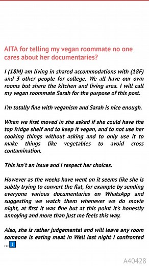 3.2K views · 12 reactions | AITA 礪 for telling my vegan  roommate  no 鸞 one cares about her documentaries? #AITA #redditcommunity #redditadvice #storytime #lifeadvice #deepstory #reelconfession #aitatoday #humanmoments #reeltruth | Dagal TV | Facebook
