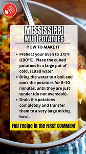 Mississippi Mud Potatoes 🥔🧀🧅 Ingredients 5 lbs Russet potatoes, peeled and cut into 1-inch cubes 1/2 cup (1 stick) butter, melted 1 (8 oz) package cream cheese, softened 1 cup sour cream 1 cup milk 1 tsp onion powder 1/2 tsp garlic powder 1 tsp salt 1/2 tsp black pepper 2 cups shredded sharp Cheddar cheese (divided) 4 slices cooked bacon, crumbled (for topping) Serves: 8–10 Dish Size: 9 x 13 inch baking dish How to Make: Preheat your oven to 375°F (190°C). Place the cubed potatoes in a large 