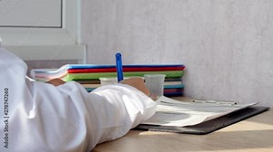 Young doctor is writting a prescription. Female doctor doing paperwork in her cabinet. Young therapist filling medical checklist sitting at the desk. Health care and insurance concept.