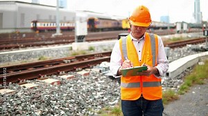 workers at work. worker on the road. Railway engineer checks the new railway line on mass transit on background. workers at work. engineer on railway.