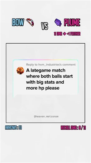 Heaven Metronom on Instagram: "Wake up Babe it's HYPER MATCH TIME 🔥Overscaled, lategame balls, Hyper Bow 🏹🔥 vs 🔥🪶 Hyper Plume! Who will crush the other? #satisfying #battle #rpg #weapon #idea"