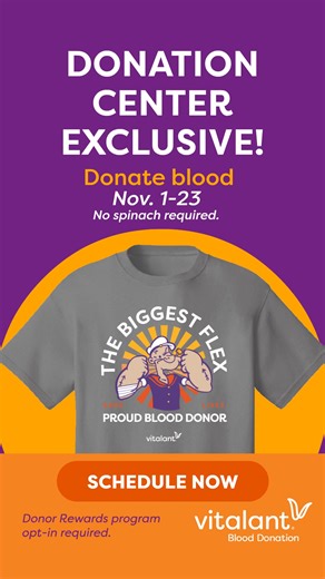 Donate blood at a Vitalant donation center Nov. 1-23 and unlock your limited edition "Biggest Flex" t-shirt via Donor Rewards program. Opt-in required. Roll up your sleeve and power up someone’s life. | Vitalant | Facebook