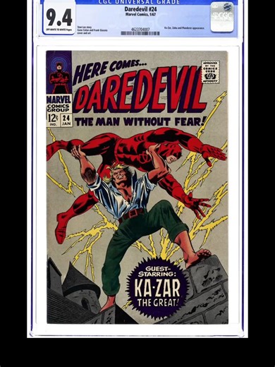 Daredevil (1964 1st Series) 24 CGC 9.4 https://www.mycomicshop.com/search?ItemID=63665285 $335.00 or Best Offer Cover pencils by Gene Colan, inks by Frank Giacoia. The Mystery of the Midnight Stalker, script by Stan Lee, pencils by Gene Colan, inks by Frank Giacoia; DD makes his way to England where he finds that Ka-Zar is accused of being the Midnight Stalker; DD realizes that The Plunderer is trying to frame his brother, and the dynamic duo track him down; In a last panel shocker, Karen opens 