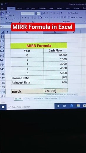 MIRR Formula in Excel #shorts #formula #excel #youtubeshorts