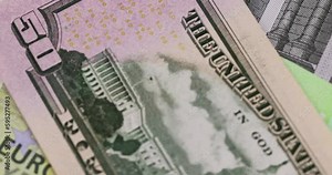 details of the American fifty dollar banknote, a close-up of a part of a banknote with a face value of 50 US dollars