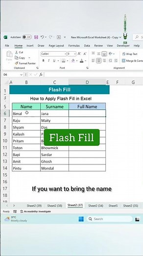 Automatically fill your data patterns in Excel with just a click! 🚀 #FlashFill #ExcelTips #DataMagic