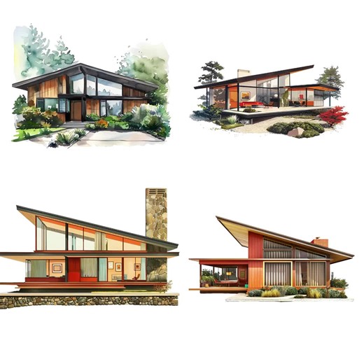 Mid-century Modern Houses Watercolor Clipart: 25 PNG Graphics (commercial Use) - Etsy