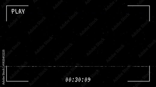Retro VHS camcorder frame with play icon, timer, distorted static lines animation