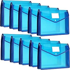 10 Pieces Plastic File Folders Envelope Expanding File Wallet Organizer Documents Folder with Snap Closure and Pocket, A4 Size Waterproof Transparent Pouch(Blue,Horizontal)