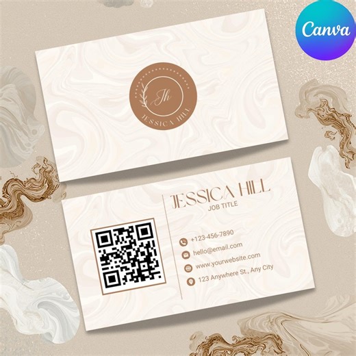 QR Code Pink Beige Marble Business Card Template (canva Editable, Double Sided Design) - Etsy