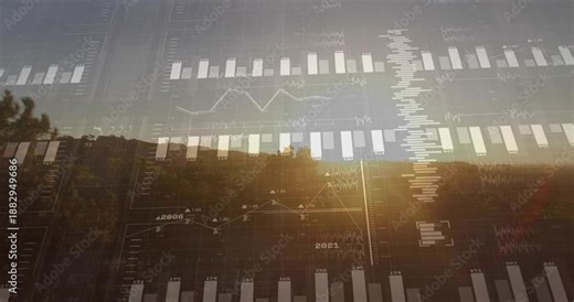 Sun rising initiating bar charts mirroring as line graph and histogram pulsing to visualize trends