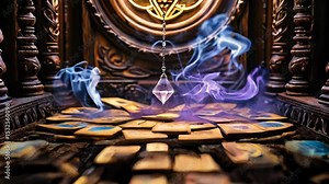 Pendulum Divination – A Swinging Pendulum Above a Magical Altar with Hazy Tarot Cards and Curling Smoke