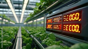 Close-up of a digital display in a hydroponic greenhouse, showing temperature and humidity readings, with rows of leafy green plants growing in the background.