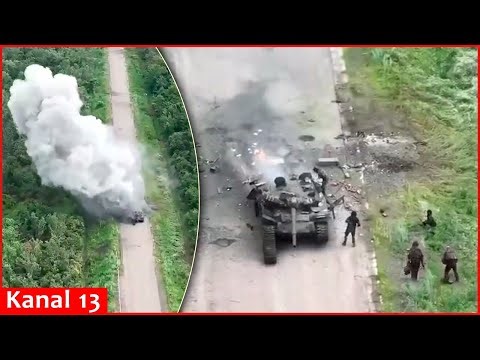 Russian T-62 tank explodes on a mine planted by Russians - Crew member gets out of burning tank