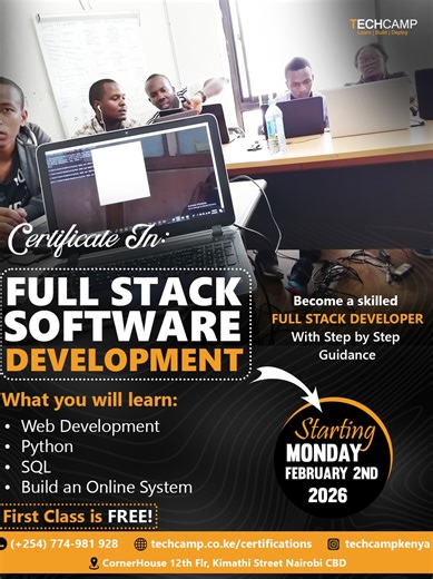Build Your Own Web App in Just 3 Months! Enroll in our Certificate in Full-Stack Software Development and launch your career with a fully functional Web Application/Online System & multiple websites you have created through Step-by-Step guidance. 📷 Flexible Classes: Online or In-person (Nairobi CBD) 📷 Instant Admission Letter on Registration 📷 First Class FREE! 📷 Starts February 2nd, 2026. #software #softwareengineer #softwaredeveloper #python #webdeveloper #fullstack #fullstackdeveloper #fu