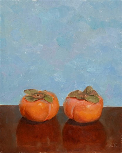 Persimmons on Reflective Surface Against a Blue Background Original Oil Painting, Fruit Still Life - Etsy