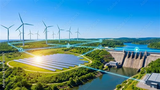 Renewable energy cloud infrastructure management system connects solar panels wind turbines hydroelectric dam for efficient power distribution
