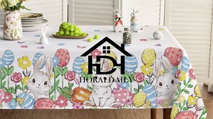 Horaldaily Easter Tablecloth 60×120 Inch, Hand-Drawing Rabbits Easter Egg Plants Bunny Washable Table Cover for Party Picnic Dinner Decor