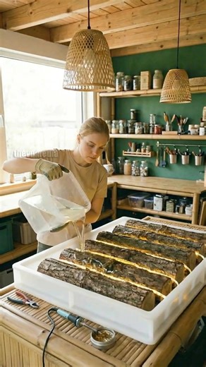 Watch as this high-speed architectural time-lapse reveals the creation of a one-of-a-kind interior centerpiece: the Glowing Oak & Epoxy Coffee Table. The build begins in a modern, eco-friendly workshop where a craftsman meticulously selects rugged, thick-bark oak logs, arranging them tightly within a custom-built oversized mold. The innovation comes next as high-intensity, warm-yellow LED strips are hand-soldered and wedged deep into the natural crevices of the timber, creating an internal skele