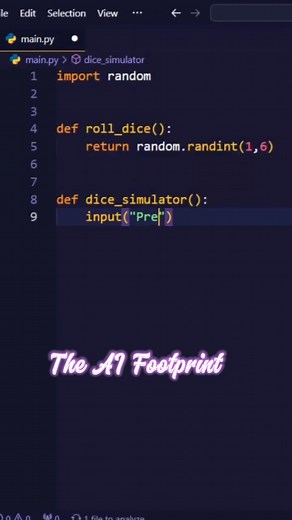 Roll dice in python #AI #TheAiFootprin #today #python #java #news #reelschallengereelschallenge #worldwide #programming #CSE #pythonchallenge #problemsolving #trendingreel #digitalcreator #javascript #viralchallenge #machinelearning #developer #pythondeveloper #csechallenge #highlight #programmer #motivational #cprogramming #todaybestphotochallenge #viralpost2025 #viralvideochallenge #clientreview #coding_tester #capcut | The AI Footprint