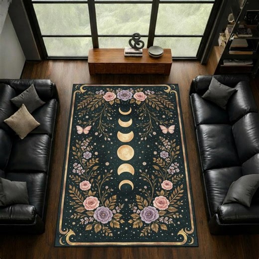 Moon Phase Area Rug, Celestial Floral Carpet, Dark Green Boho Living Room Rug - Etsy