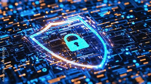 Glowing shield and lock icon on computer circuit board represent digital security, data protection, and cybersecurity