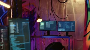 Software interface on computer screen showing programming code used for making malware in empty warehouse with graffiti sprayed on walls. Hacking script running on PC monitors in underground base