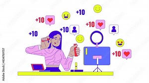 Makeup artist influencer line 2D animation. Middle eastern female visagiste applying mascara 4K video motion graphic. Social media marketing linear animated cartoon flat concept, white background