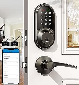 Veise RZ06B Smart Locks for Front Door, 2 Lever Handle Set, Keyless Entry Deadbolt, App Control, Electronic Digital Touchscreen Keypad, Auto Lock, IP54 Waterproof, Easy Installation, Matte Black - Amazon.com