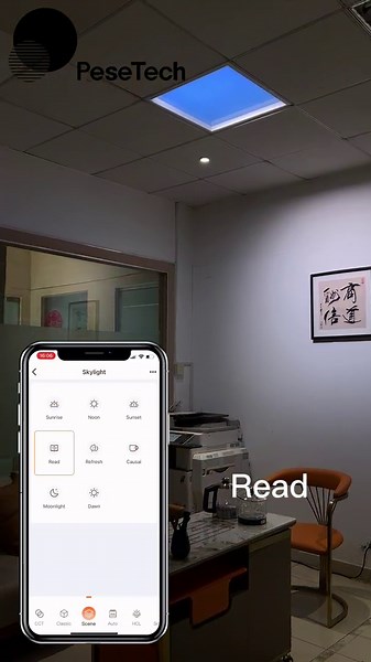 2x2 LED Flat Panel Light. Artificial Skylight can simulate Sunrise, noon, Sunset and Night Sky to add Natural Light to Office、Store、Gym. Can Replace Ordinary LED Flat Panel Light.