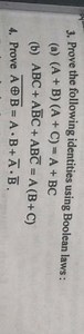 Prove the following identities using Boolean laws :(a) ( A   B... | Filo