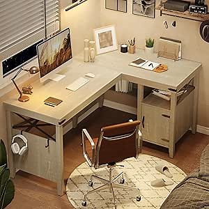 Bestier L Shaped Desk for Home Office, Farmhouse Computer Desk with Storage Cabinet, Office Desk with Bookshelf, 2 Person Computer Desk Up to 82 inch, Corner Desk with Shelves, White Wash